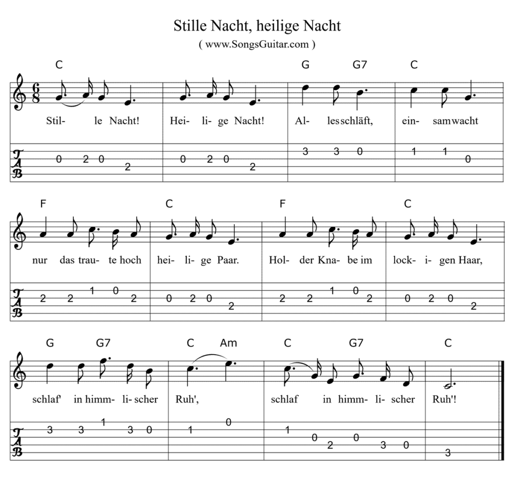 Stille Nacht heilige Nacht | Ukulele G-C-E-A Akkorde Text Melodie